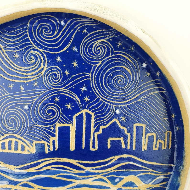 Handmade Winter City Pottery Platter • Hand Carved Round Plate ...