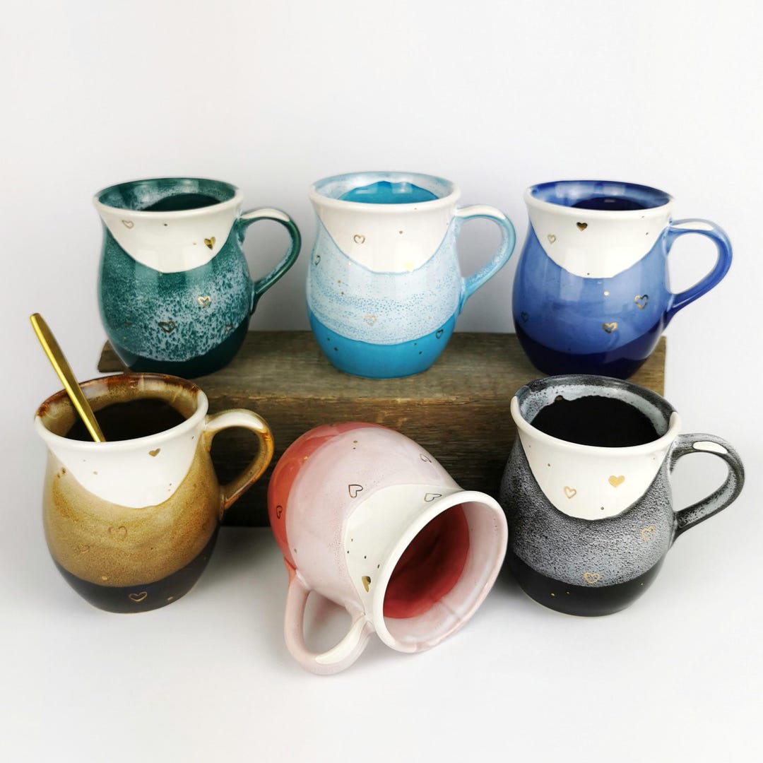 Gold Hearts Ceramic Mugs & Oak Wood Coasters • Handmade Pottery Cups ...