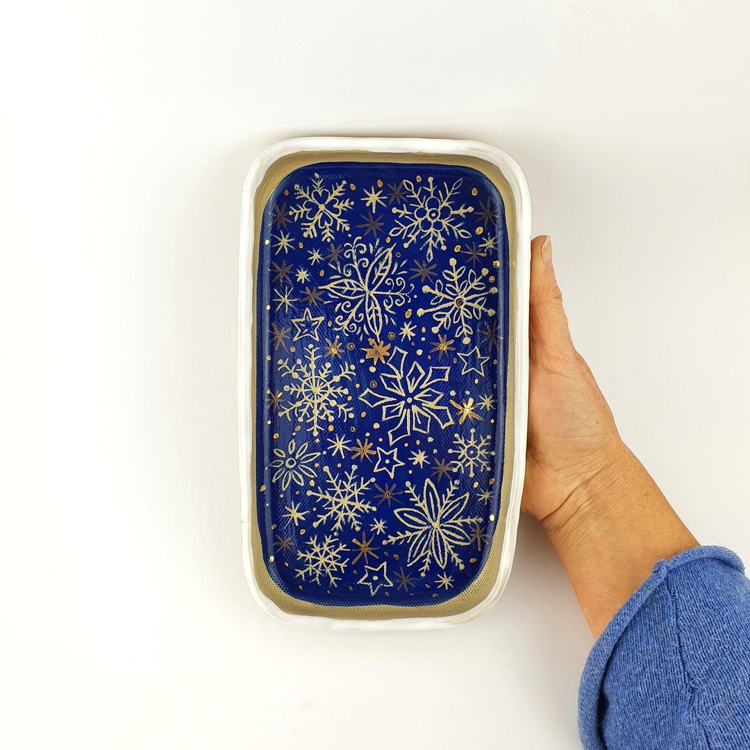 Handmade Winter Pattern Pottery Platter • Hand Carved Square Plate ...