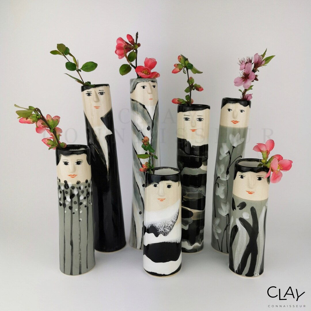Black & White Family Ceramic Bud Vases • Pottery Vases for Flowers • Handmade Stoneware Face ...