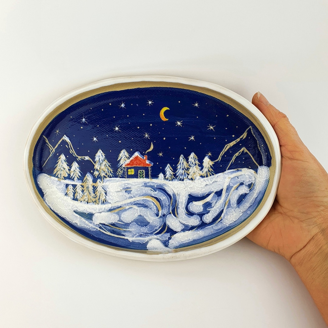 Handmade Winter Pottery Plate • Hand Carved Oval Plate • Pottery ...