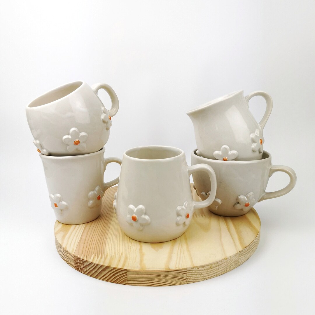 Daisy Ceramic Mugs & Oak Wood Coasters • Handmade Pottery Flower Cups ...