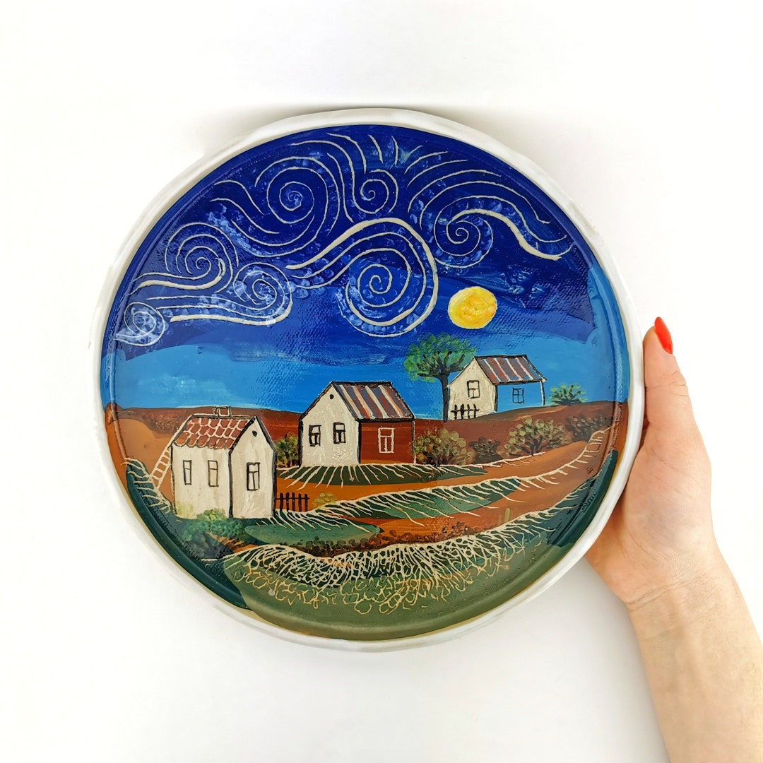 Handmade Winter Pattern Pottery Platter • Hand Carved Round Plate ...