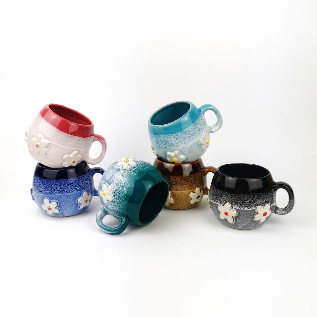 Daisy Ceramic Mugs & Oak Wood Coasters • Handmade Pottery Flower Cups ...
