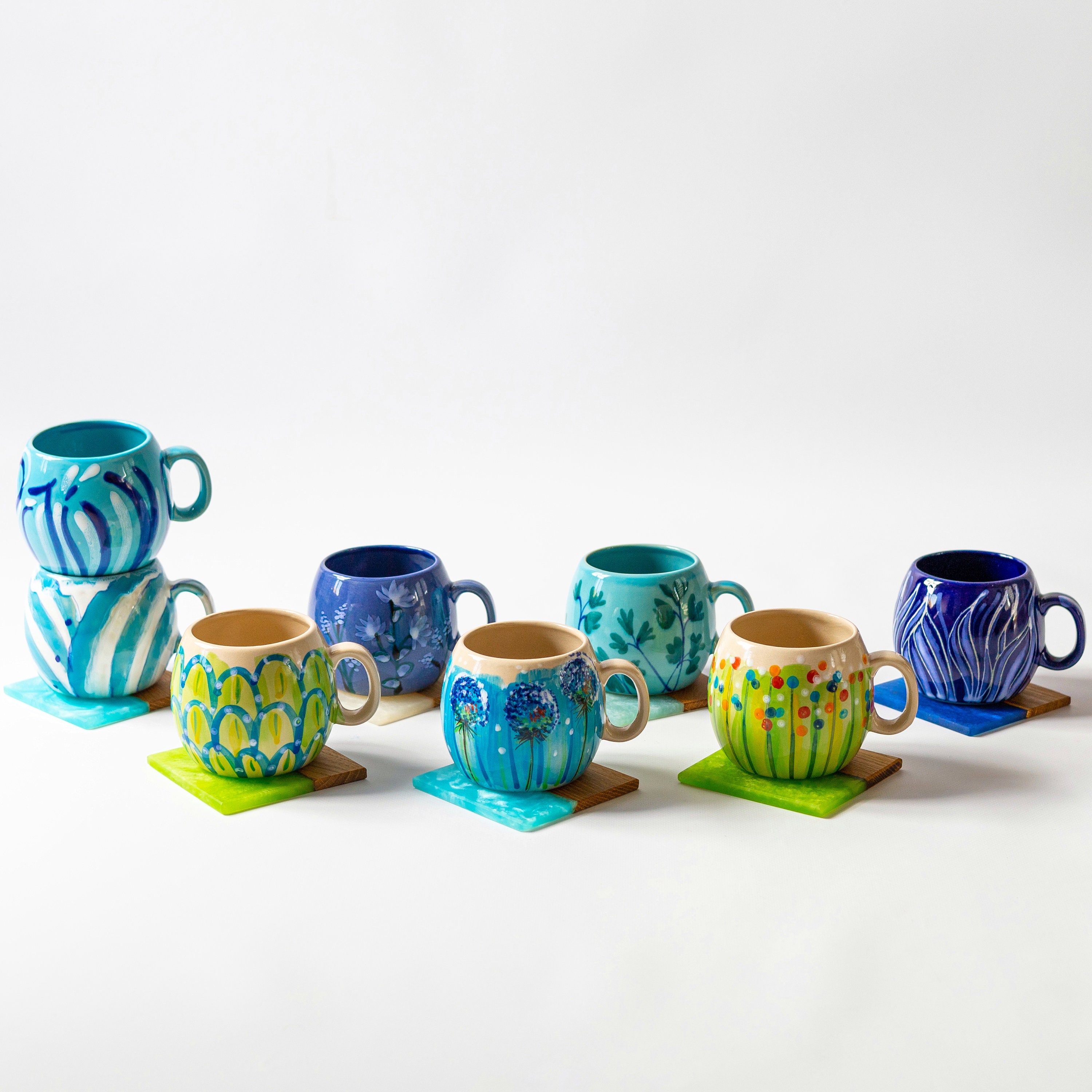 Spring Ceramic Mugs With Oak Wood & Resin Coasters • Handmade Pottery ...