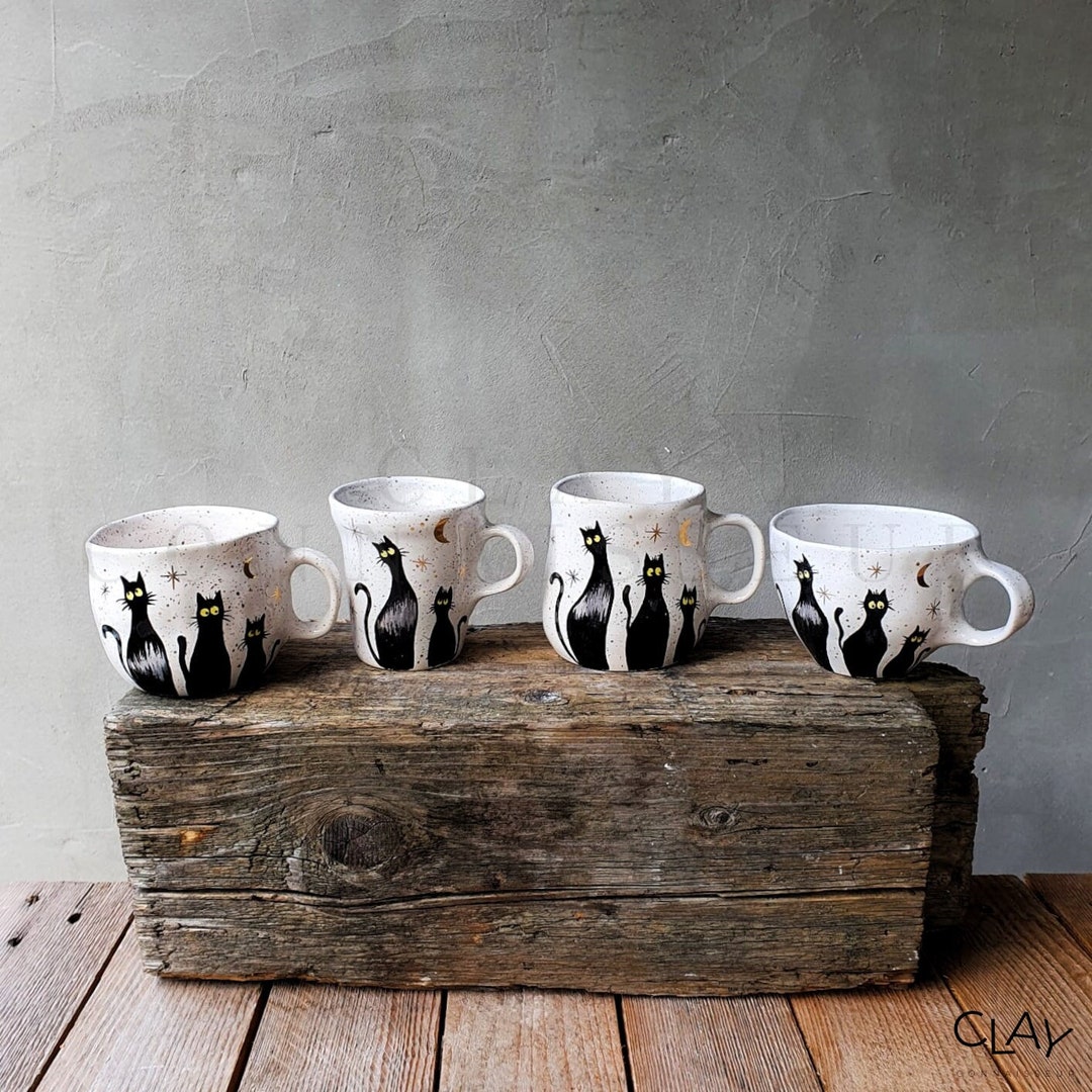 Black Cats Ceramic Mugs With Oak Wood Coasters • Handmade Pottery Cups ...
