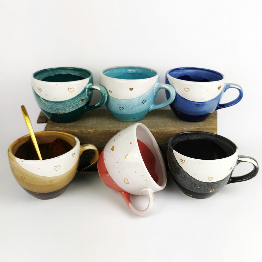Gold Hearts Ceramic Mugs & Oak Wood Coasters • Handmade Pottery Cups ...