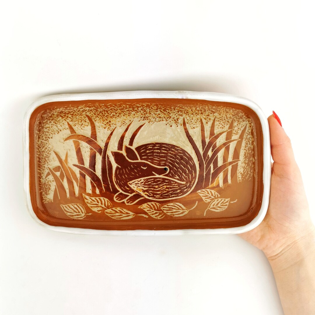 Handmade Brown Wolf Pottery Platter • Hand Carved Square Plate ...