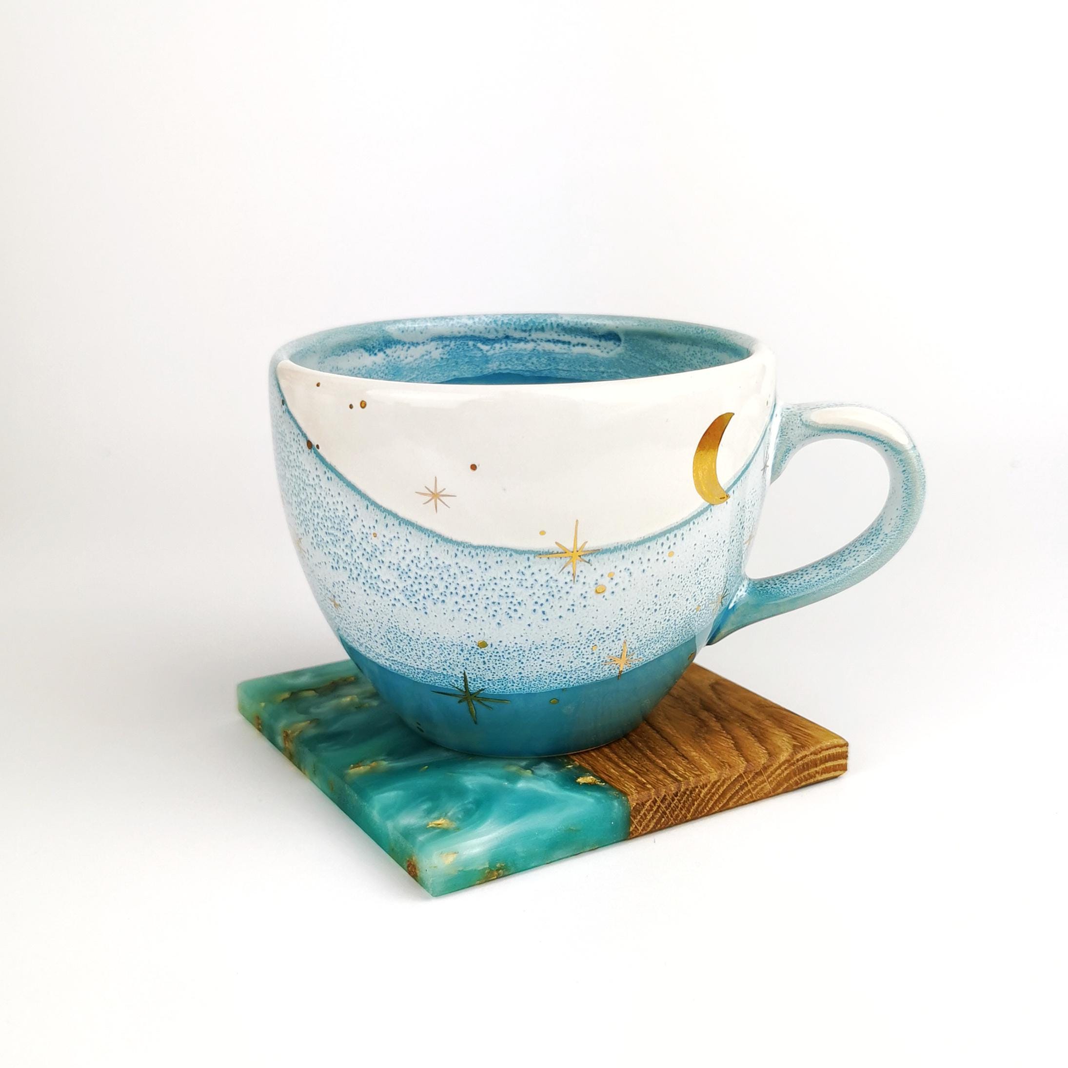 Gold Crescent Moon Ceramic Mugs & Oak Wood Coasters • Handmade Pottery ...