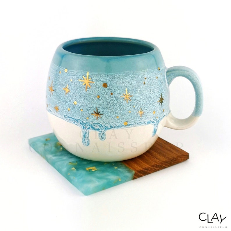 Ceramic Ice Blue Mugs & Solid Oak Wood Coasters • Xmas Handmade Pottery ...