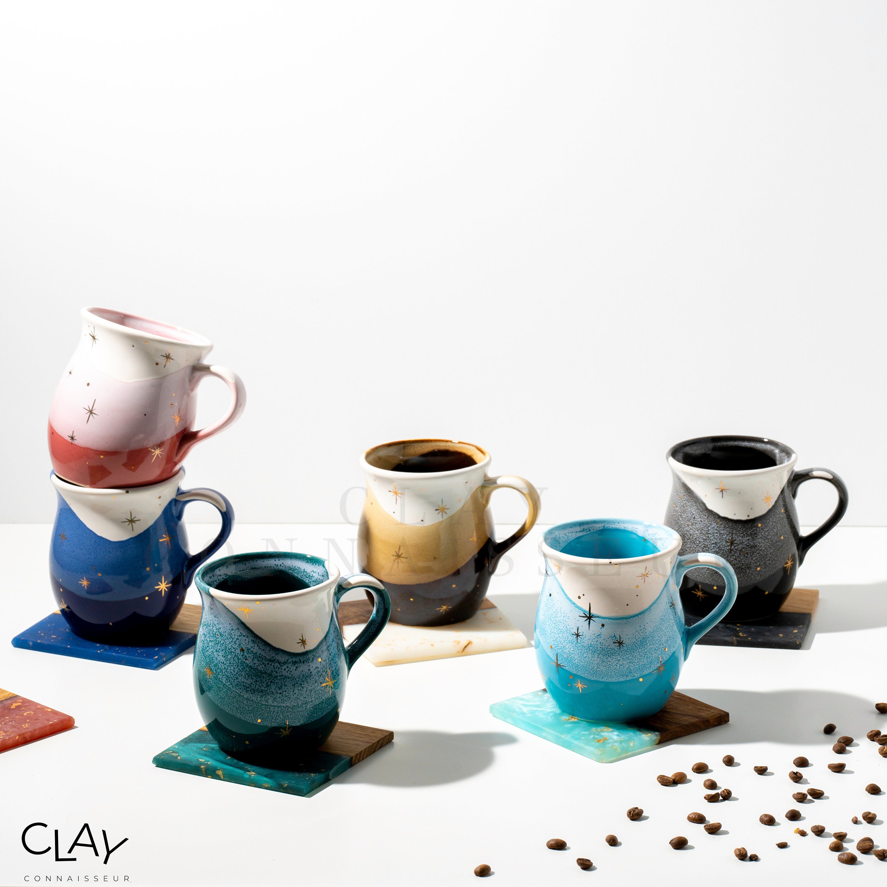 Gold Stars Ceramic Mugs With Solid Oak Wood Coasters • Handmade Pottery ...