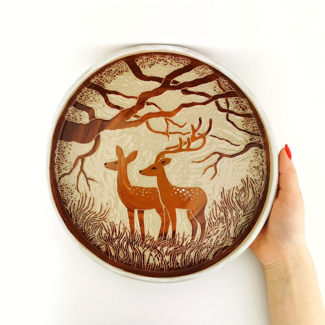 Handmade Brown Deer Pottery Platter • Hand Carved Round Plate • Pottery ...