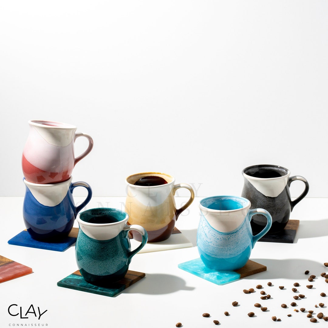 Ceramic Mugs & Solid Oak Wood Coasters • Handmade Pottery Cup ...