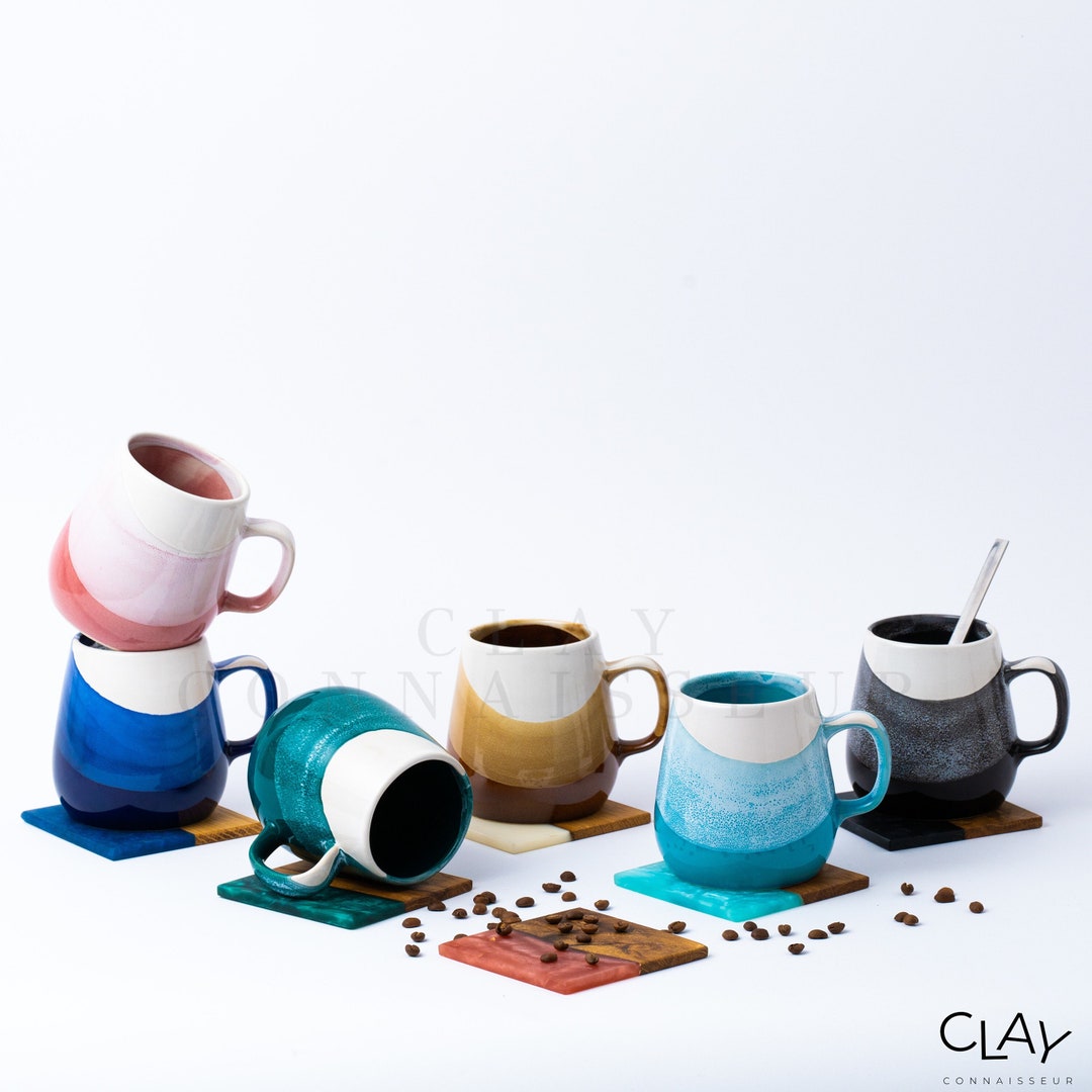 Ceramic Mugs & Solid Oak Wood Coasters • Handmade Pottery Cup ...