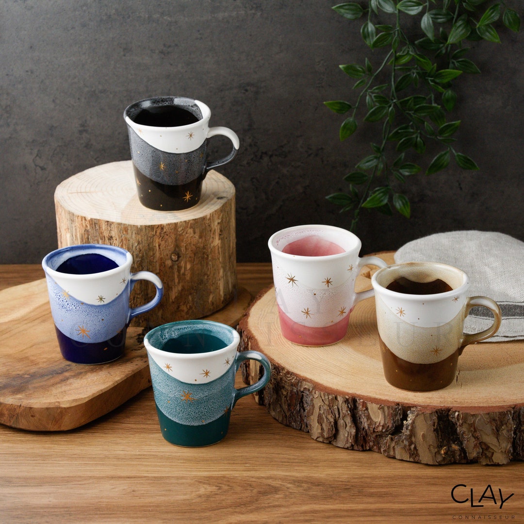 Gold Stars Ceramic Mugs With Solid Oak Wood Coasters • Handmade Pottery ...