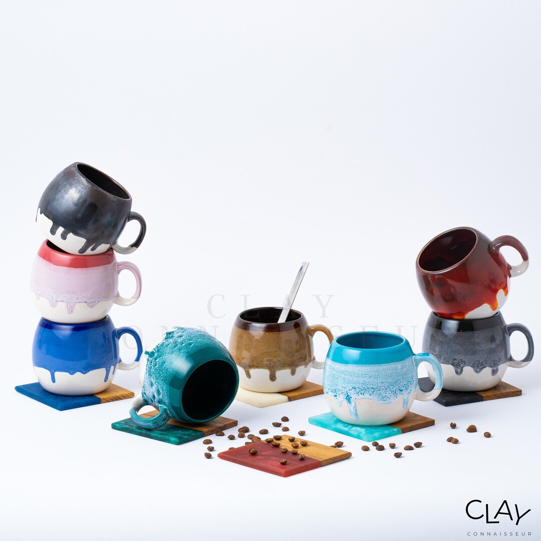 Ceramic Mugs & Solid Oak Wood Coasters • Handmade Pottery Cup ...