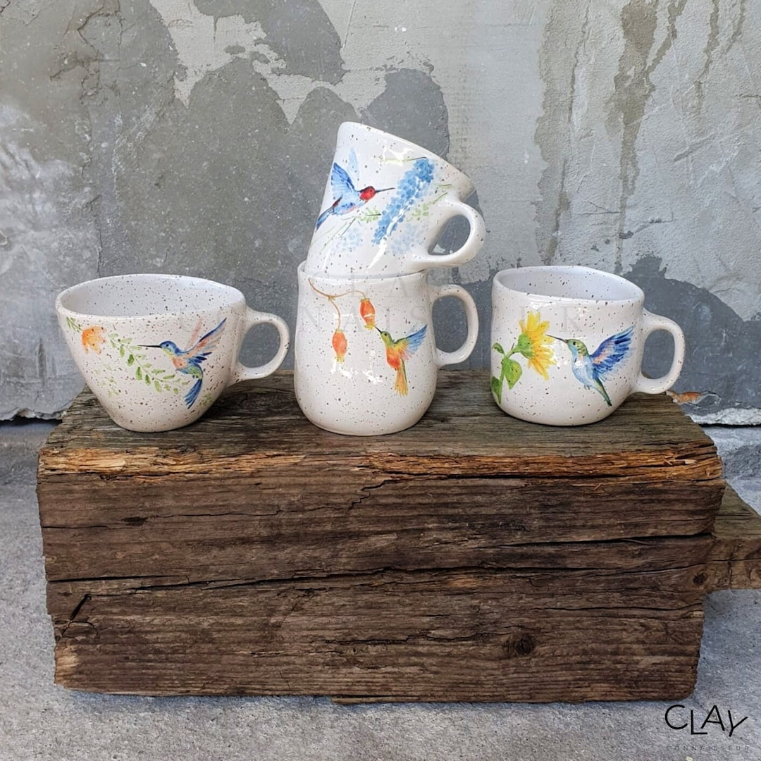 Hummingbirds Ceramic Mugs With Oak Wood Coasters • Handmade Pottery Cup ...