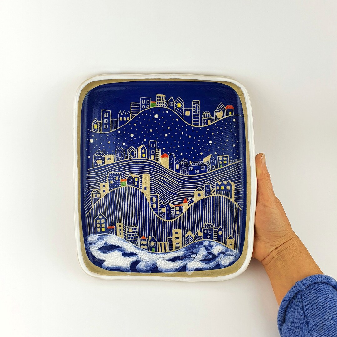 Handmade Winter Pattern Pottery Platter • Hand Carved Square Plate ...