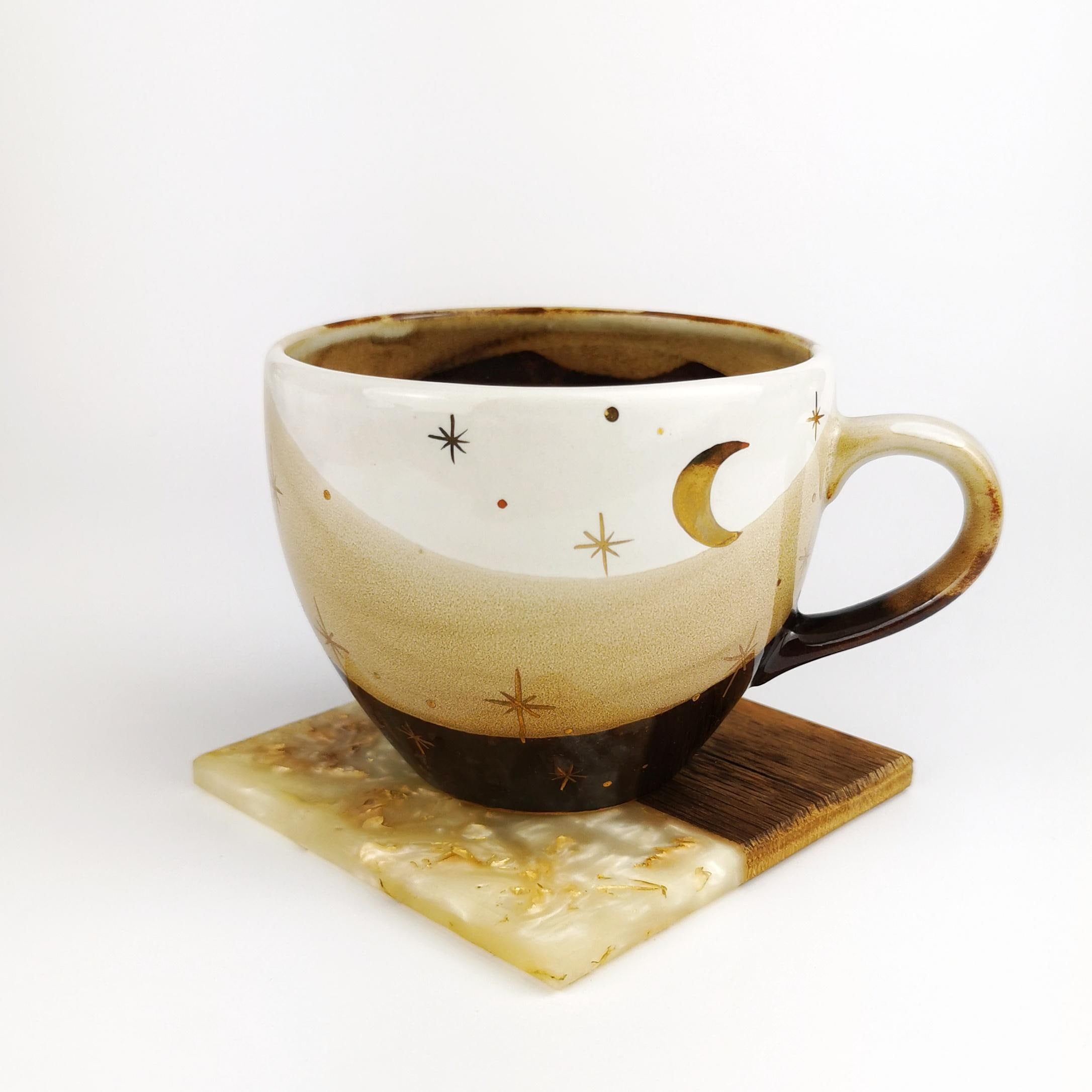Gold Crescent Moon Ceramic Mugs & Oak Wood Coasters • Handmade Pottery ...