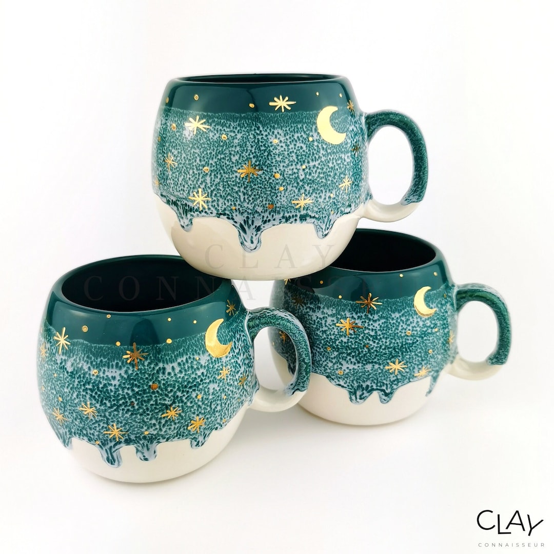 Ceramic Green Mugs & Solid Oak Wood Coasters • Xmas Handmade Pottery ...