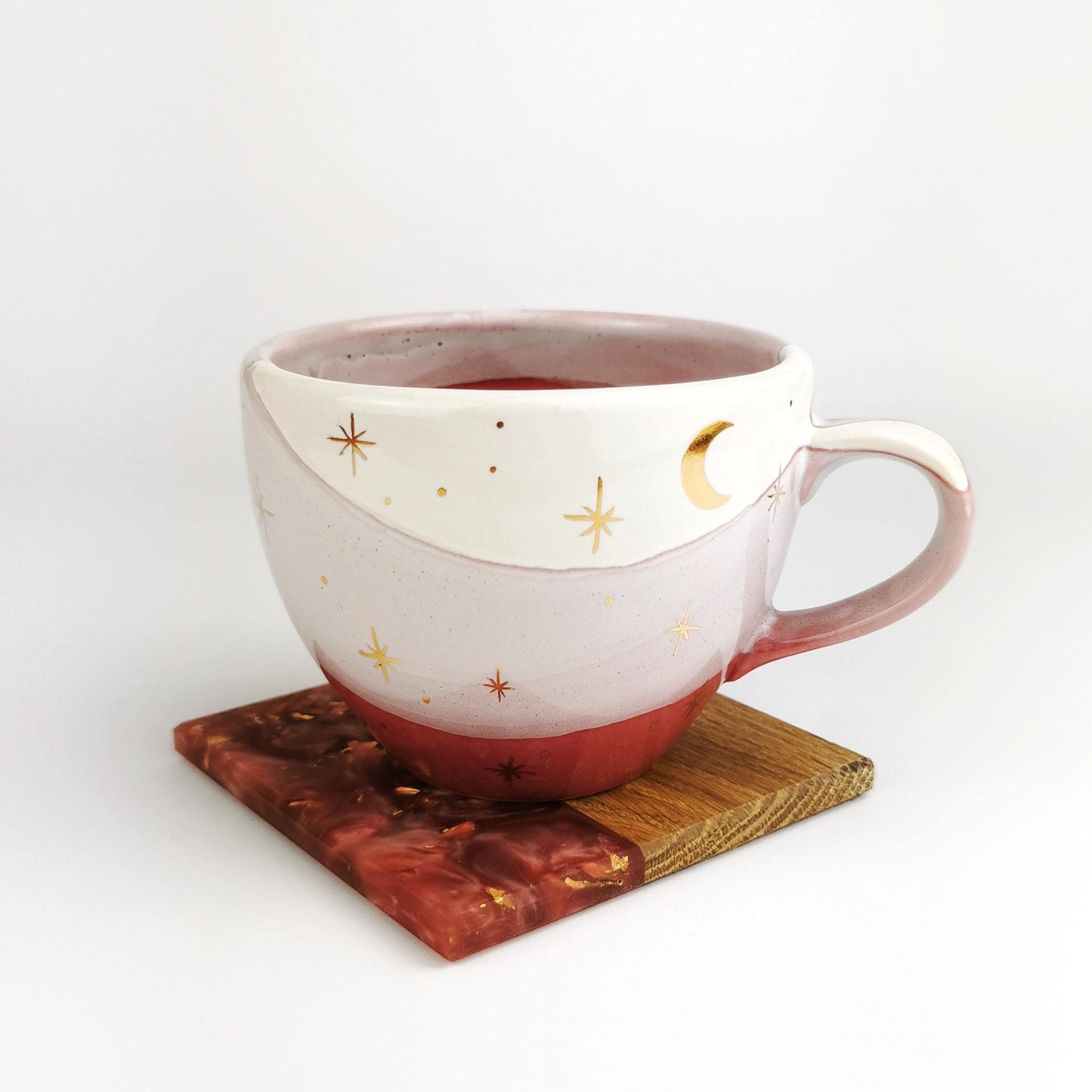 Gold Crescent Moon Ceramic Mugs & Oak Wood Coasters • Handmade Pottery ...