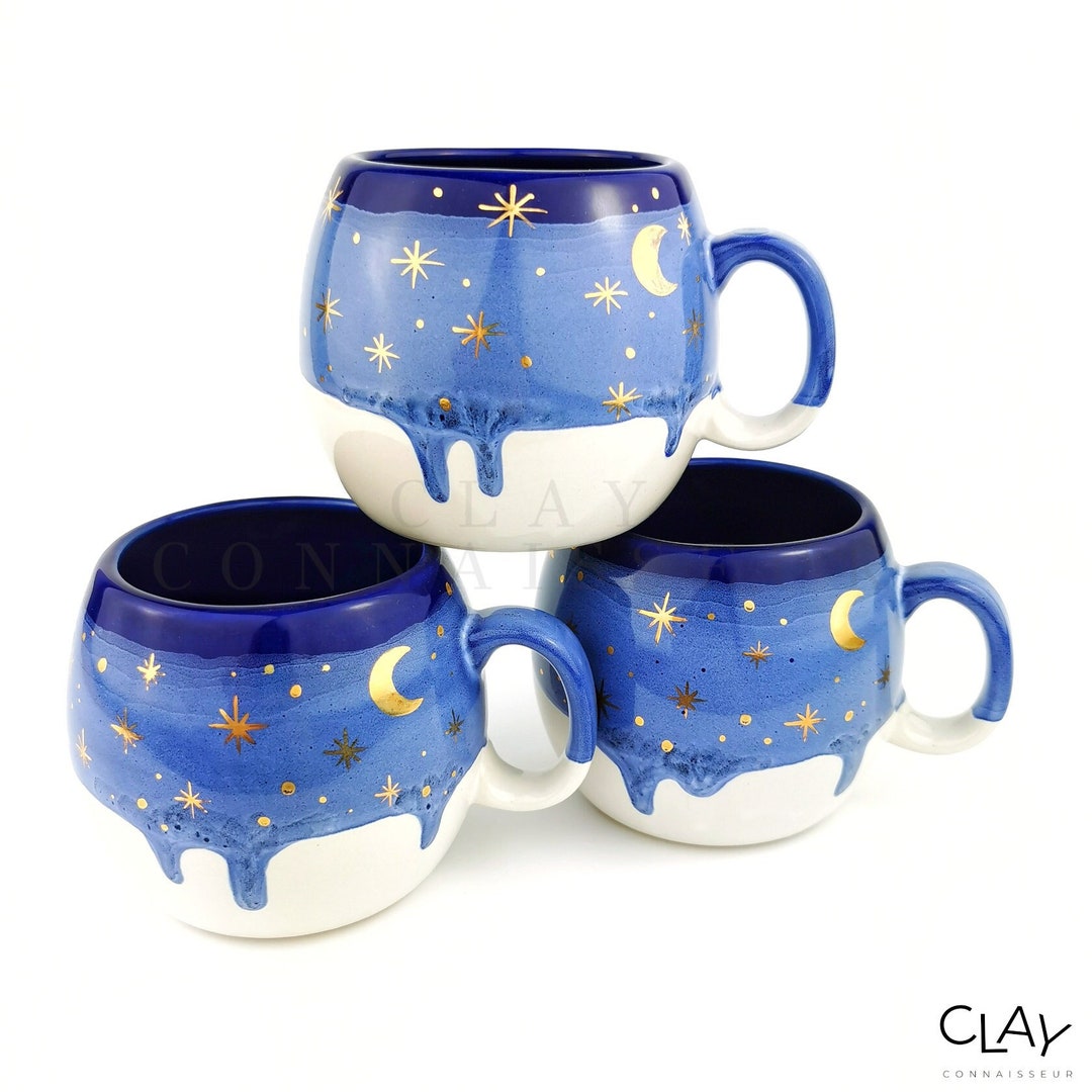 Ceramic Blue Mugs & Solid Oak Wood Coasters • Xmas Handmade Pottery ...