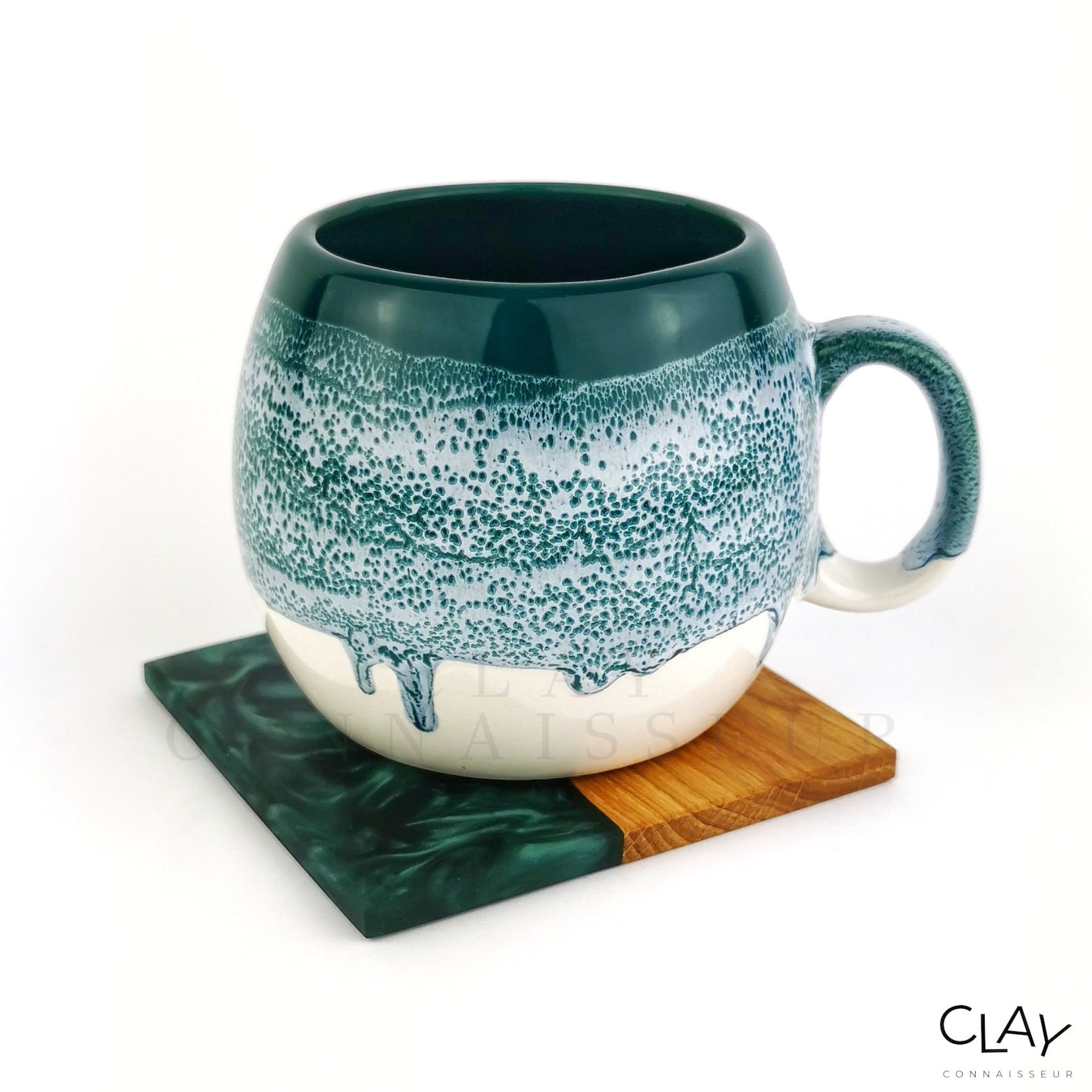 Ceramic Green Mugs & Solid Oak Wood Coasters • Xmas Handmade Pottery ...