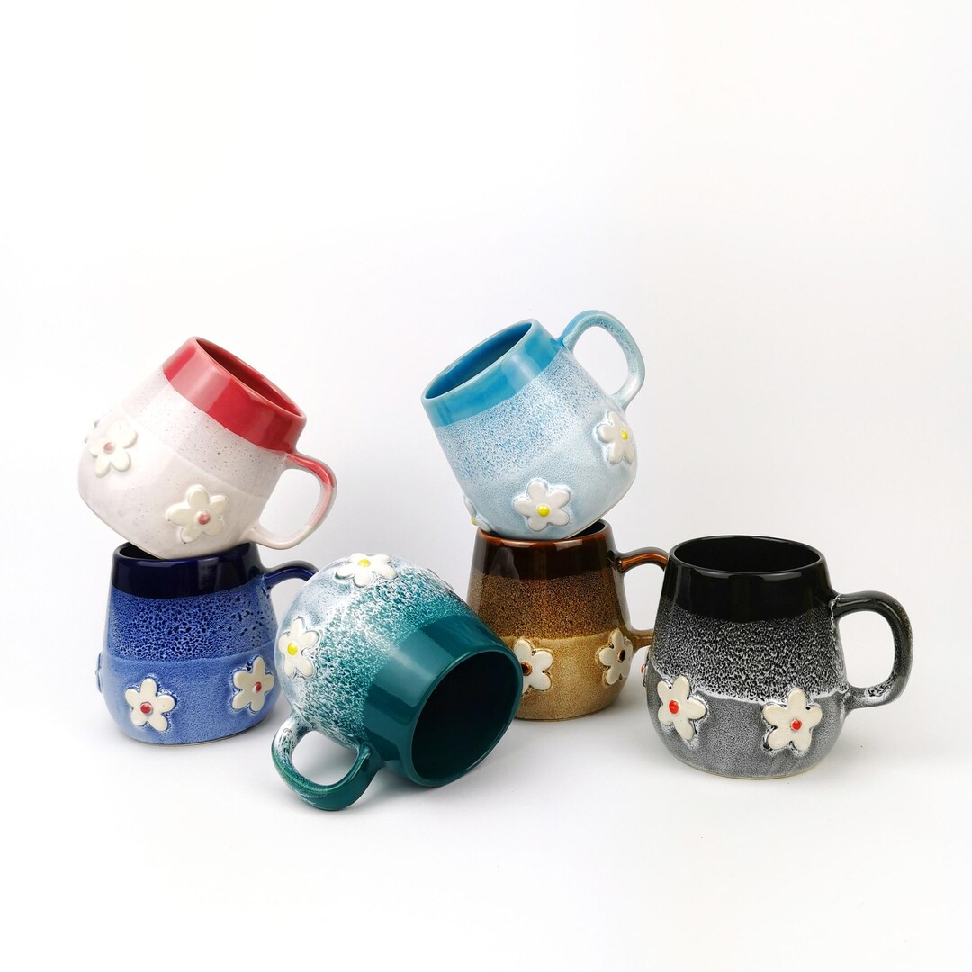 Daisy Ceramic Mugs & Oak Wood Coasters • Handmade Pottery Flower Cups ...