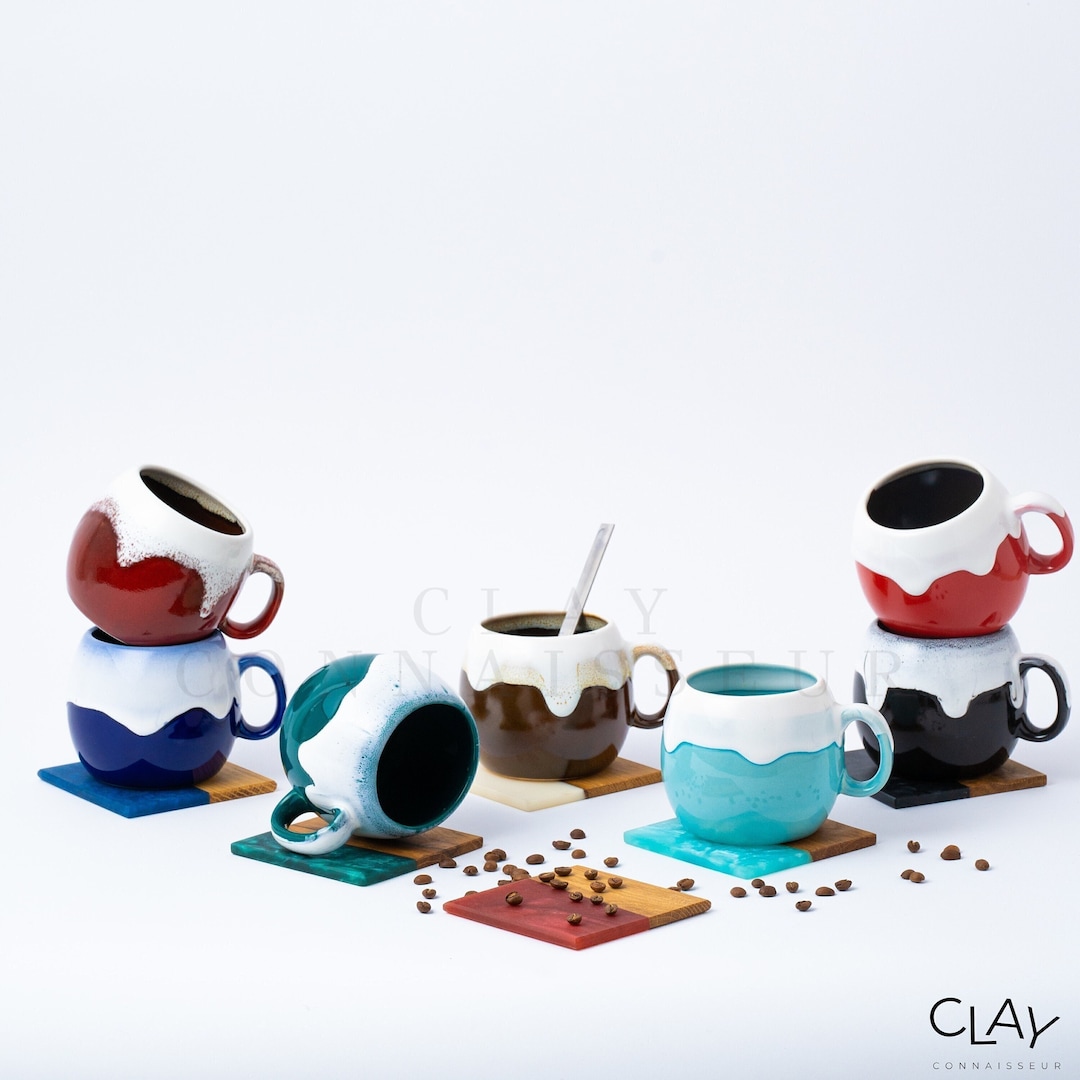 Ceramic Mugs & Solid Oak Wood Coasters • Handmade Pottery Cup ...
