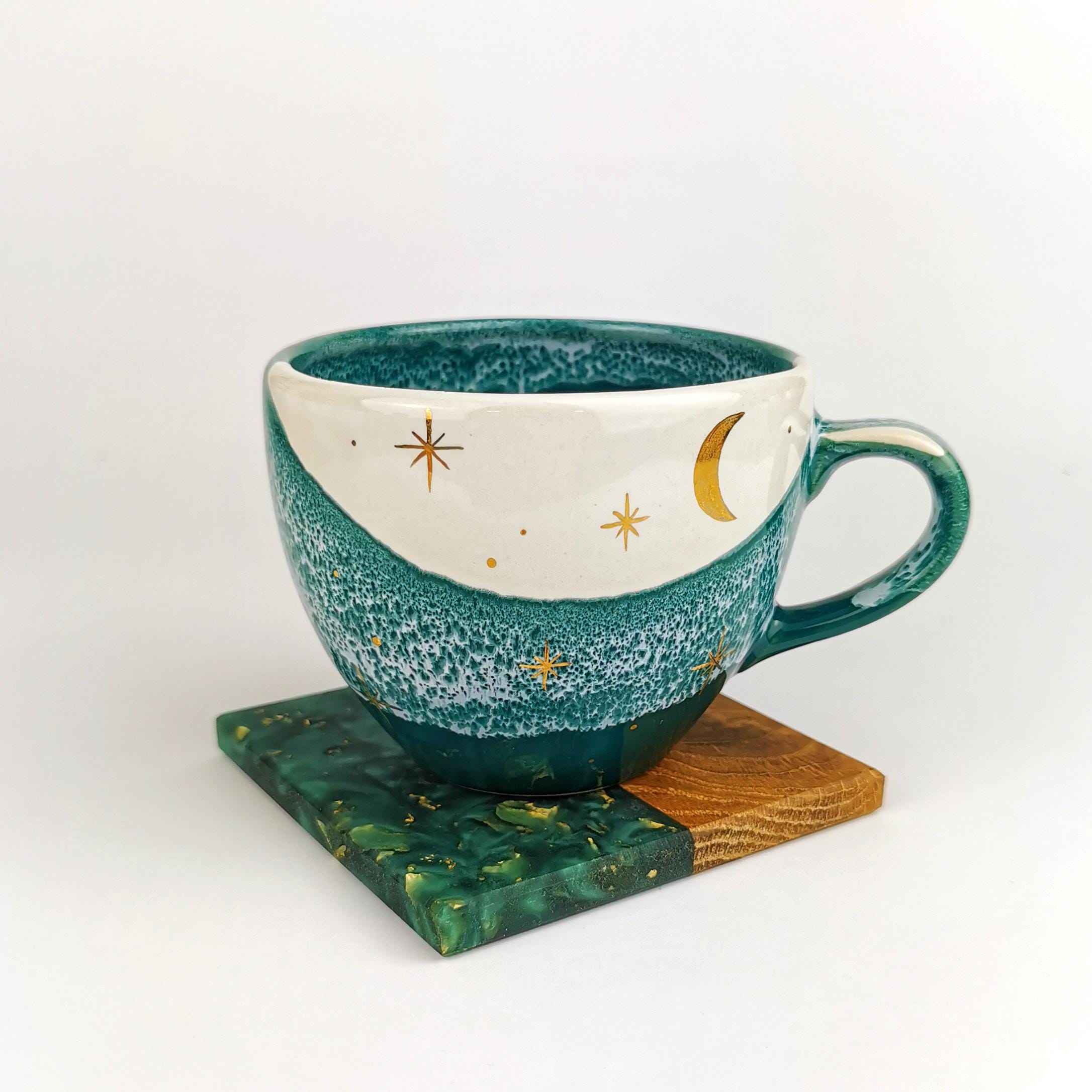 Gold Crescent Moon Ceramic Mugs & Oak Wood Coasters • Handmade Pottery ...