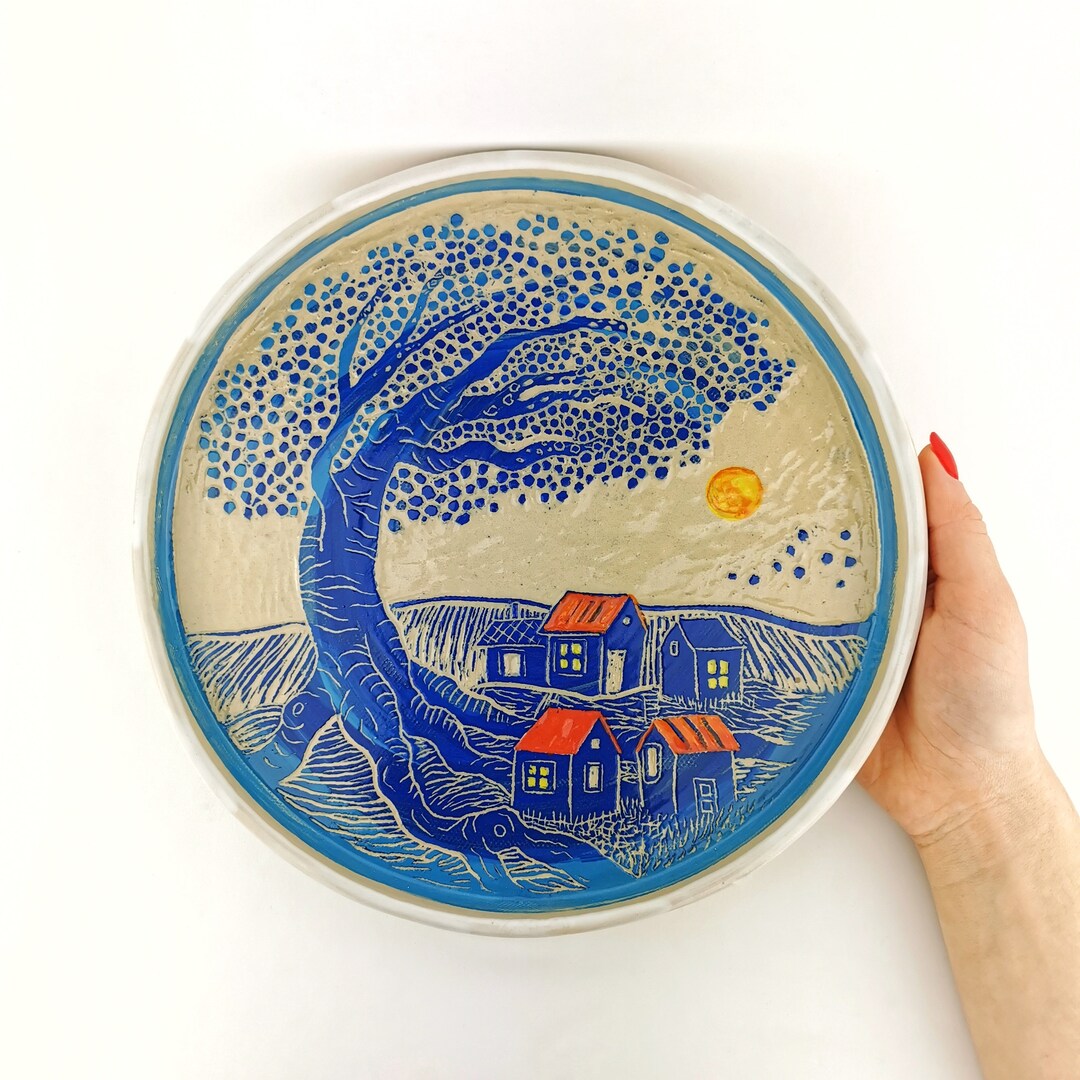 Handmade Cobalt Blue Pottery Platter • Hand Carved Round Plate ...