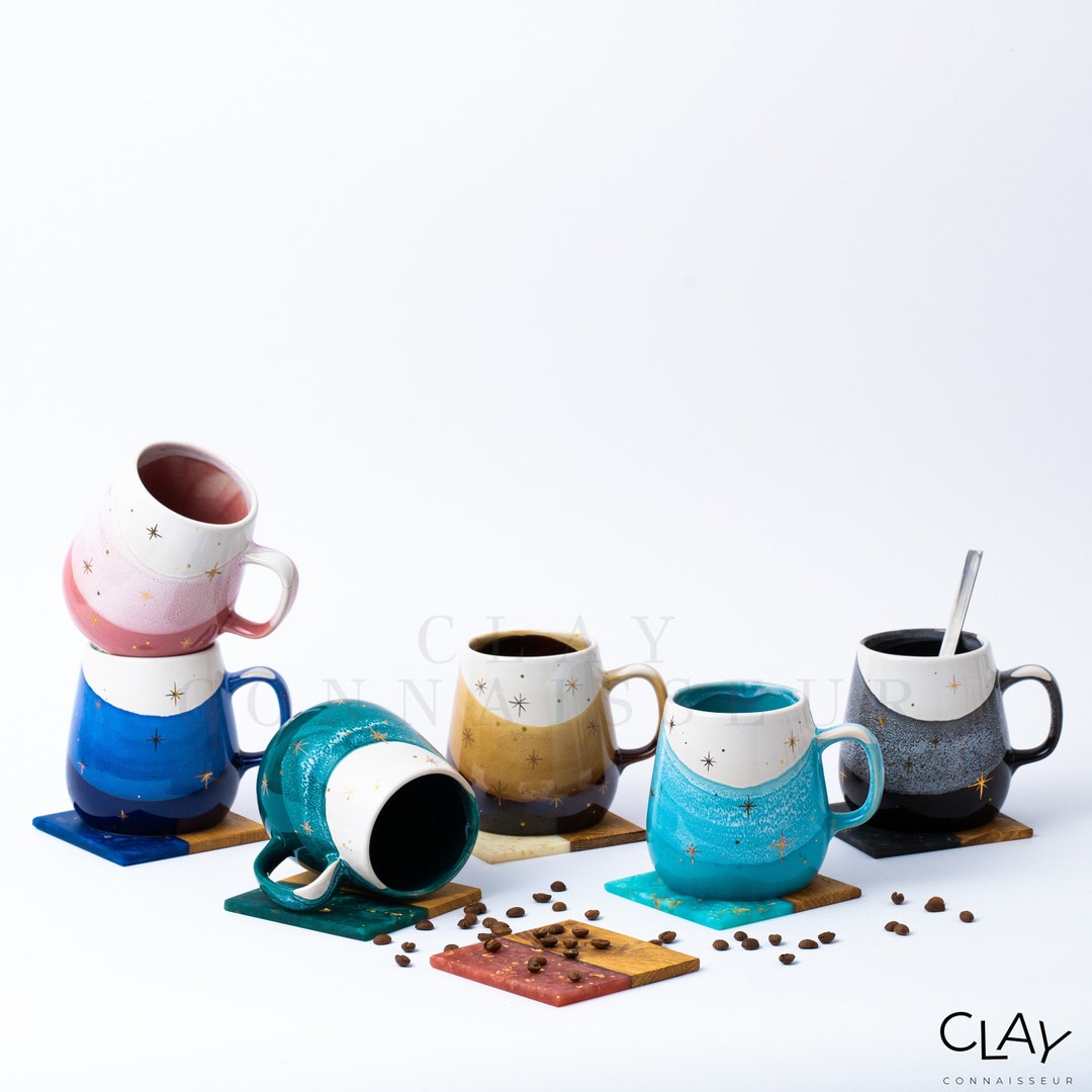 Gold Stars Ceramic Mugs With Solid Oak Wood Coasters • Handmade Pottery ...
