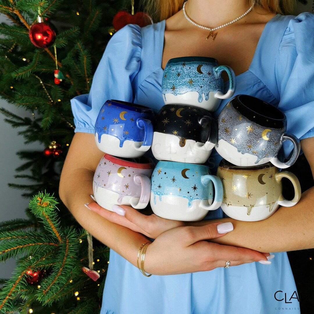 Ceramic Crescent Moon Mugs & Solid Oak Wood Coasters • Handmade Pottery ...