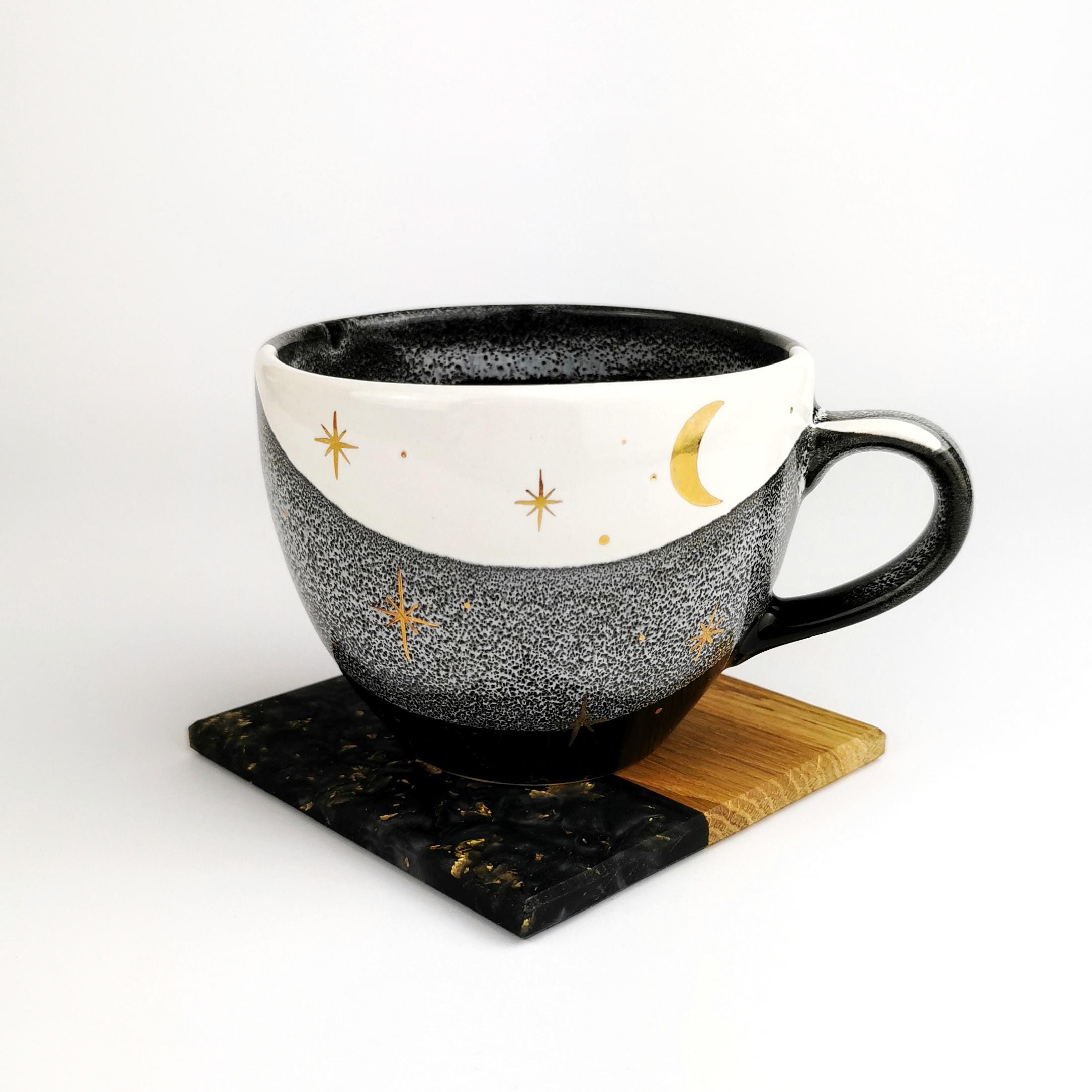 Gold Crescent Moon Ceramic Mugs & Oak Wood Coasters • Handmade Pottery ...