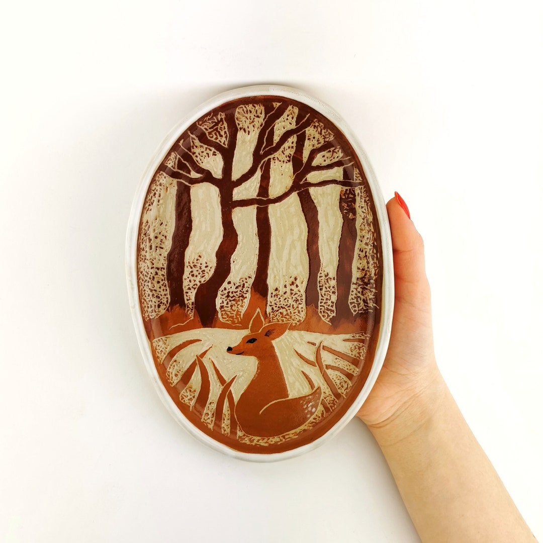 Handmade Brown Wolf Pottery Platter • Hand Carved Oval Plate • Pottery ...