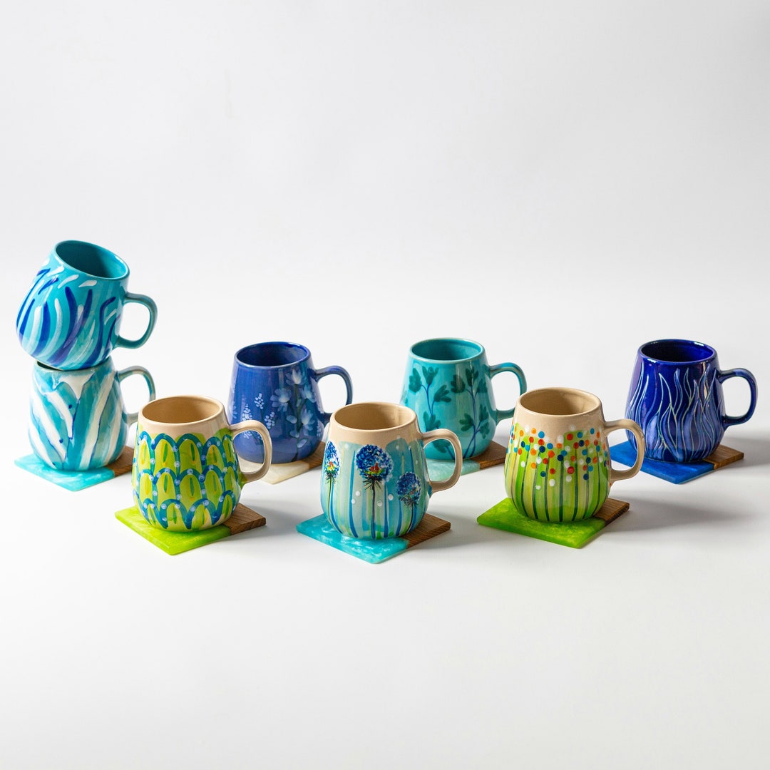 Spring Ceramic Mugs With Oak Wood & Resin Coasters • Handmade Pottery ...