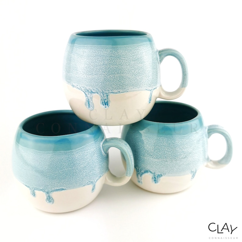 Ceramic Ice Blue Mugs & Solid Oak Wood Coasters • Xmas Handmade Pottery ...