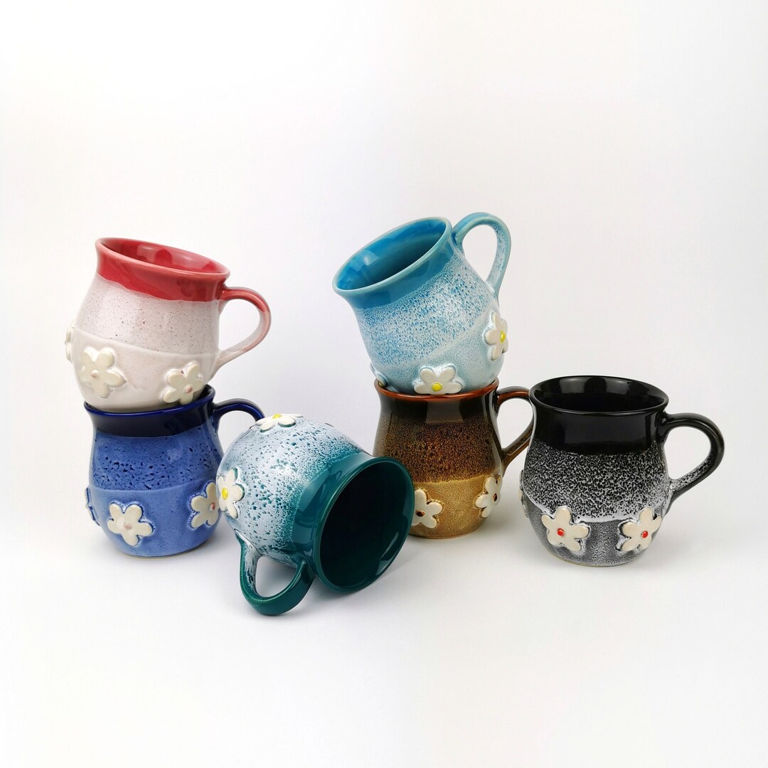 Daisy Ceramic Mugs & Oak Wood Coasters • Handmade Pottery Flower Cups ...