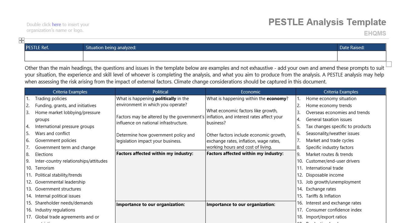 PESTLE Analysis Template | Strategic Planning Worksheet - Etsy