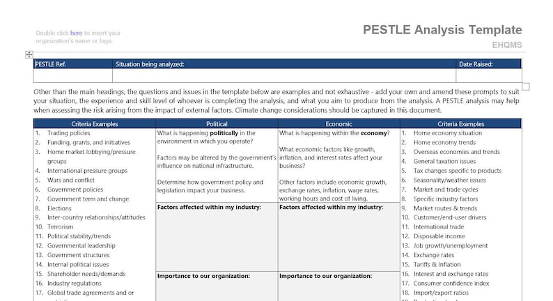 PESTLE Analysis Template | Strategic Planning Worksheet - Etsy