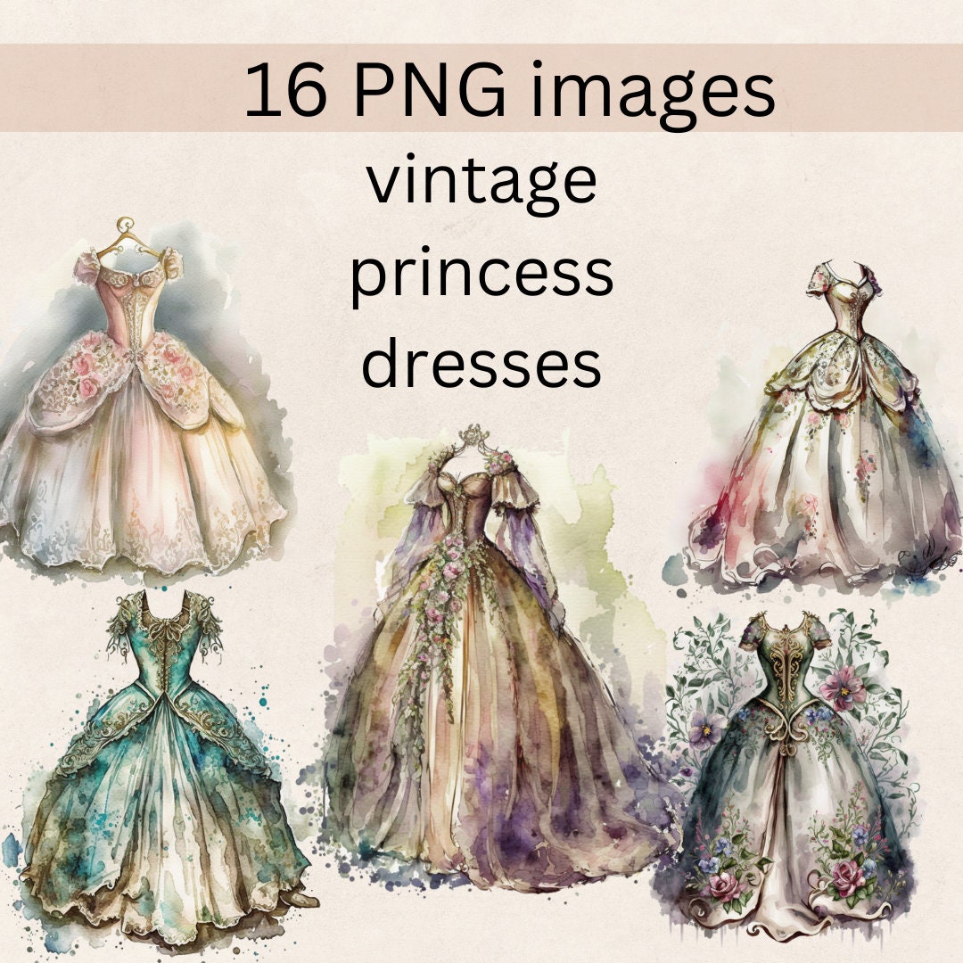 16 Watercolor Vintage Princess Dress Clip Art Commercial Use PNG ...