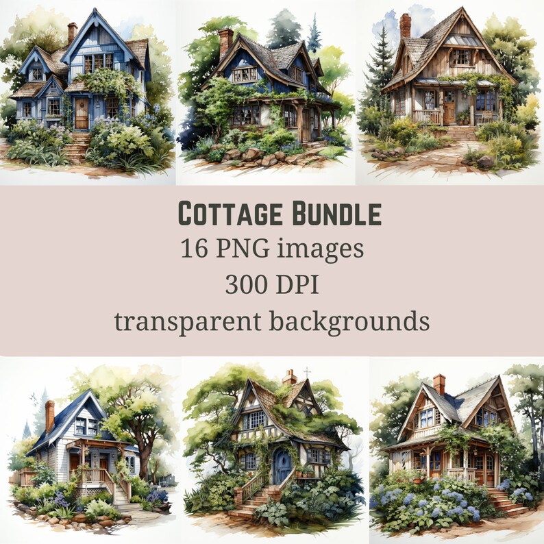 Watercolor Cottage Clipart Bundle Cottagecore Clipart PNG Commercial ...