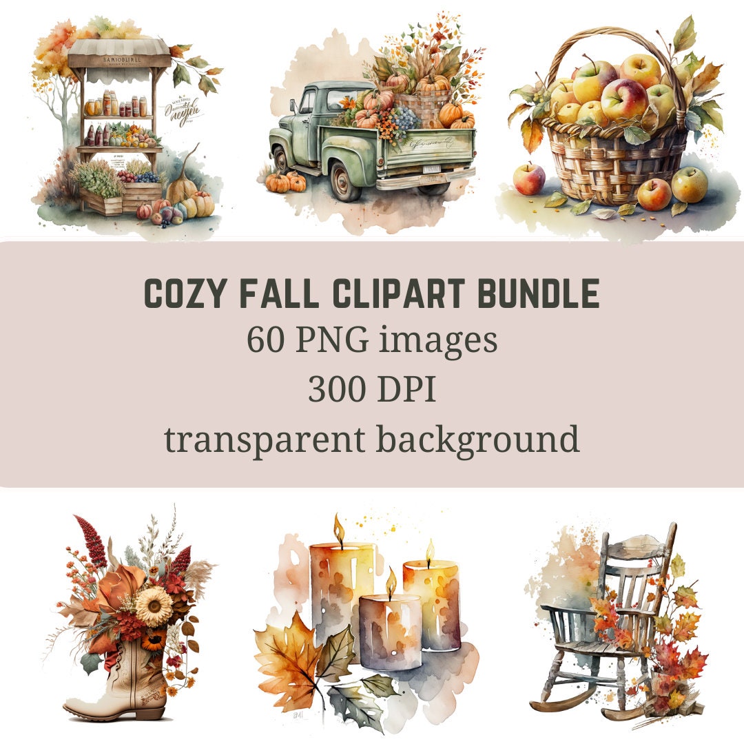 60 Cozy Fall Clipart Bundle | PNG | Watercolor Autumn Clipart | Fall ...