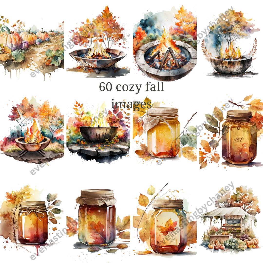 60 Cozy Fall Clipart Bundle | PNG | Watercolor Autumn Clipart | Fall ...