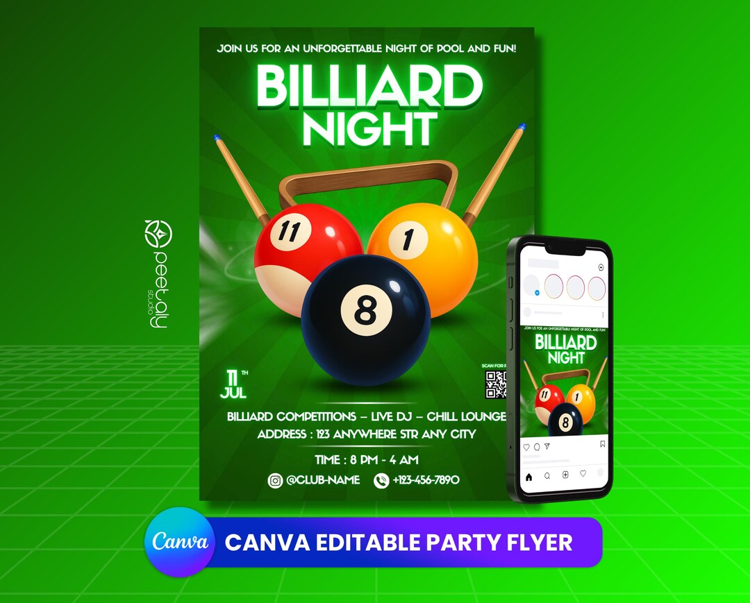 Editable Billiard Night Flyer,canva Pool Party Flyer,customizable ...