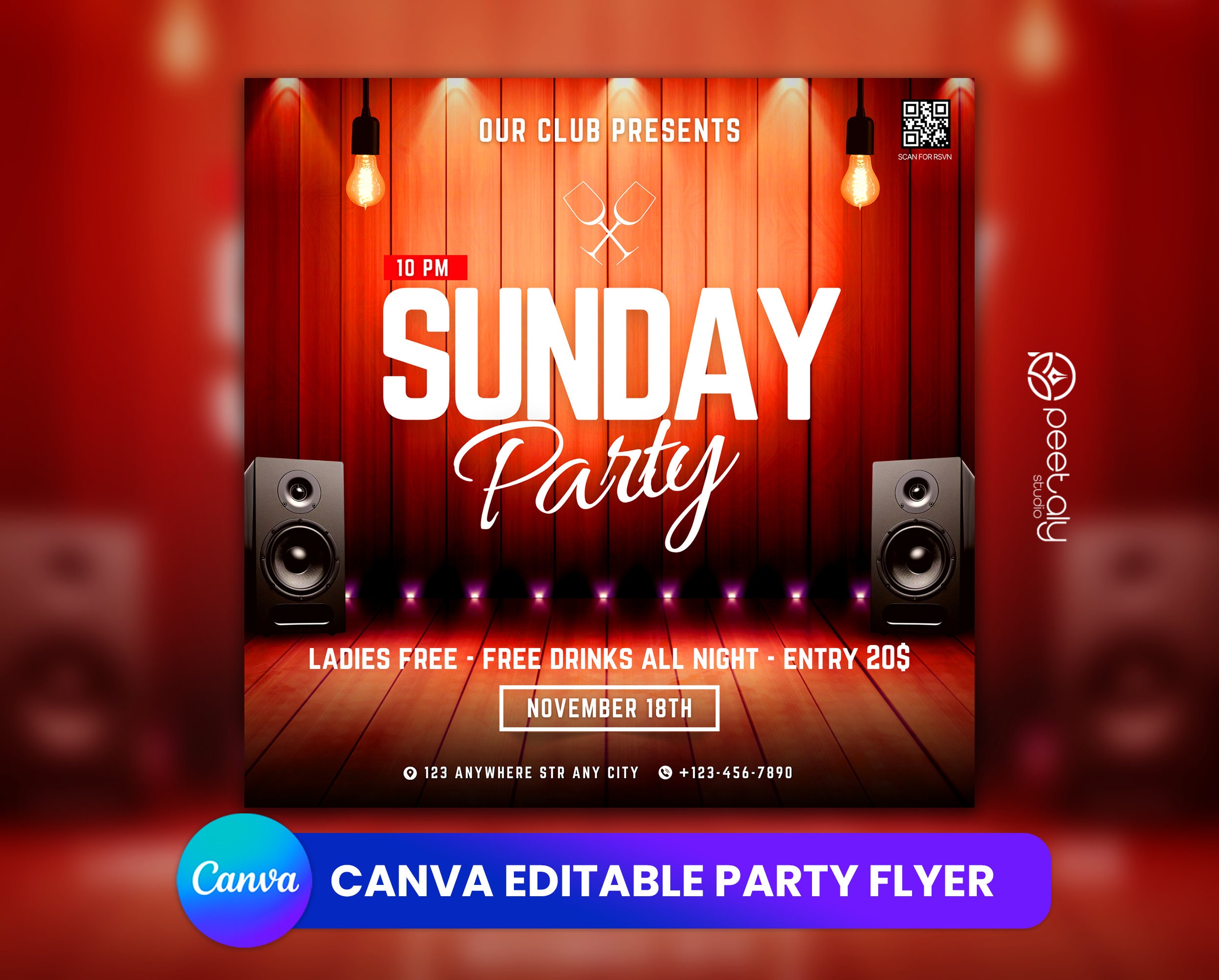 Editable Red Party Flyer Template, Social Media (canva) - Etsy