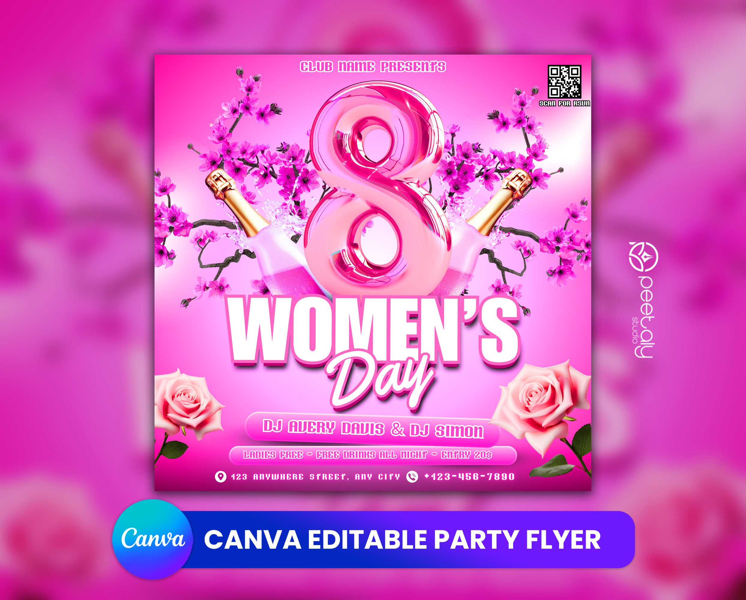 Editable Women's Day Club Flyer Template for Canva, DIY Event Flyer ...