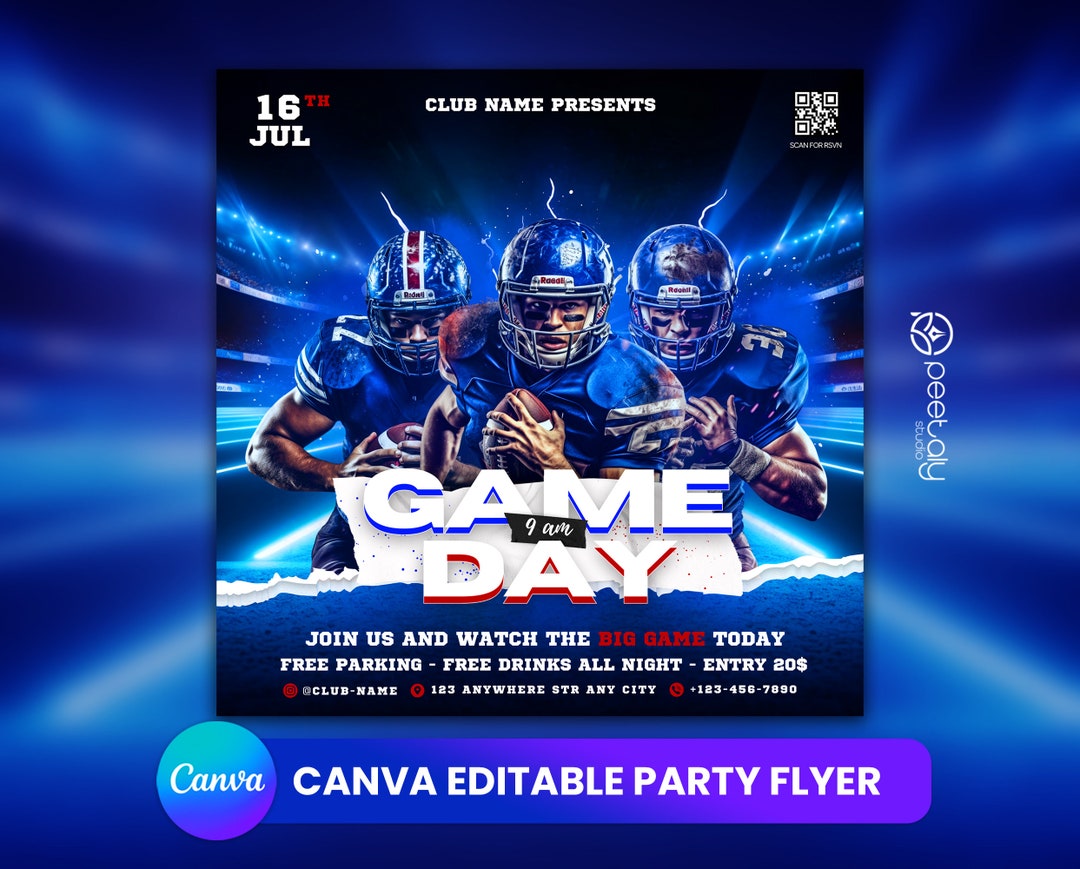 Game Day Football Party Flyer Template, Canva Editable (digital ...