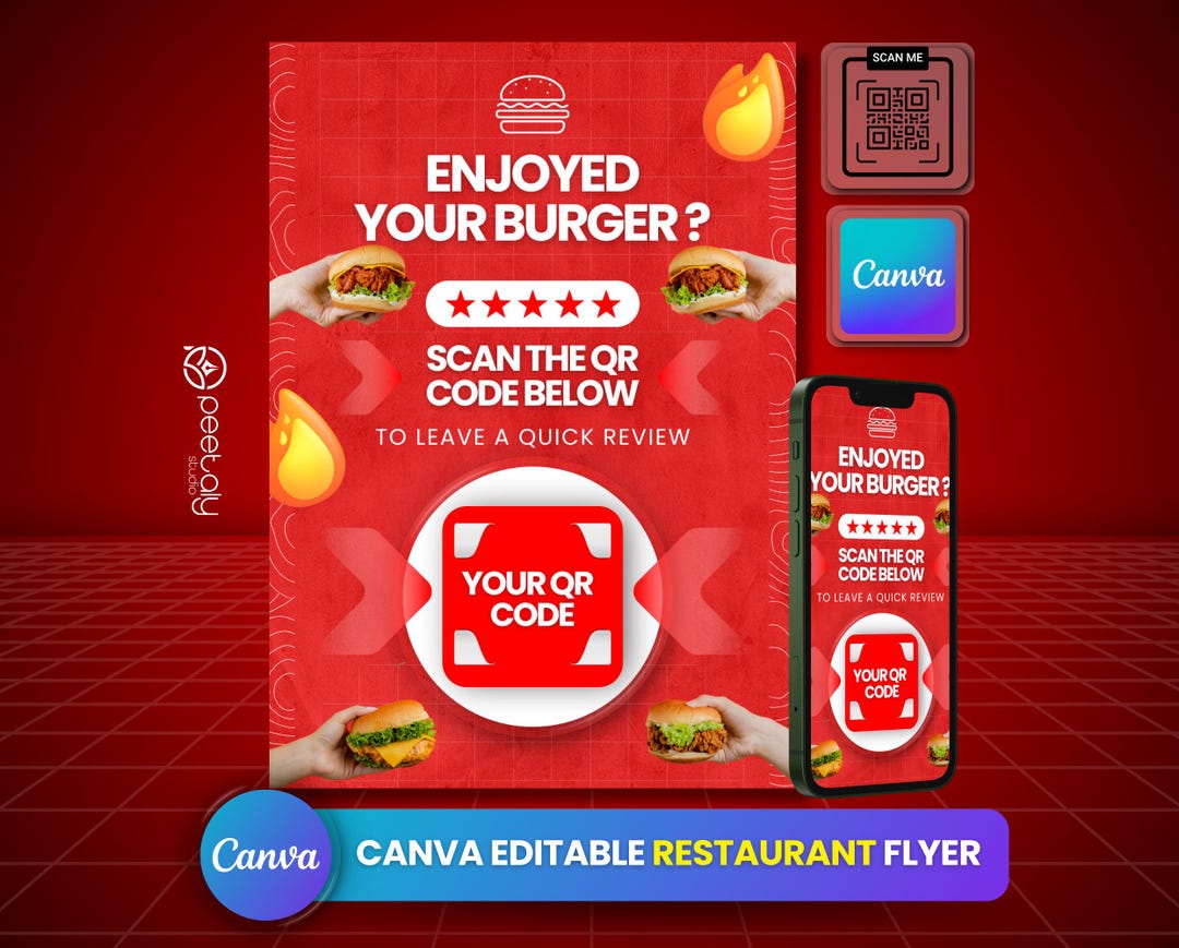 Custom Restaurant QR Code Review Flyer | Canva Template (digital) - Etsy