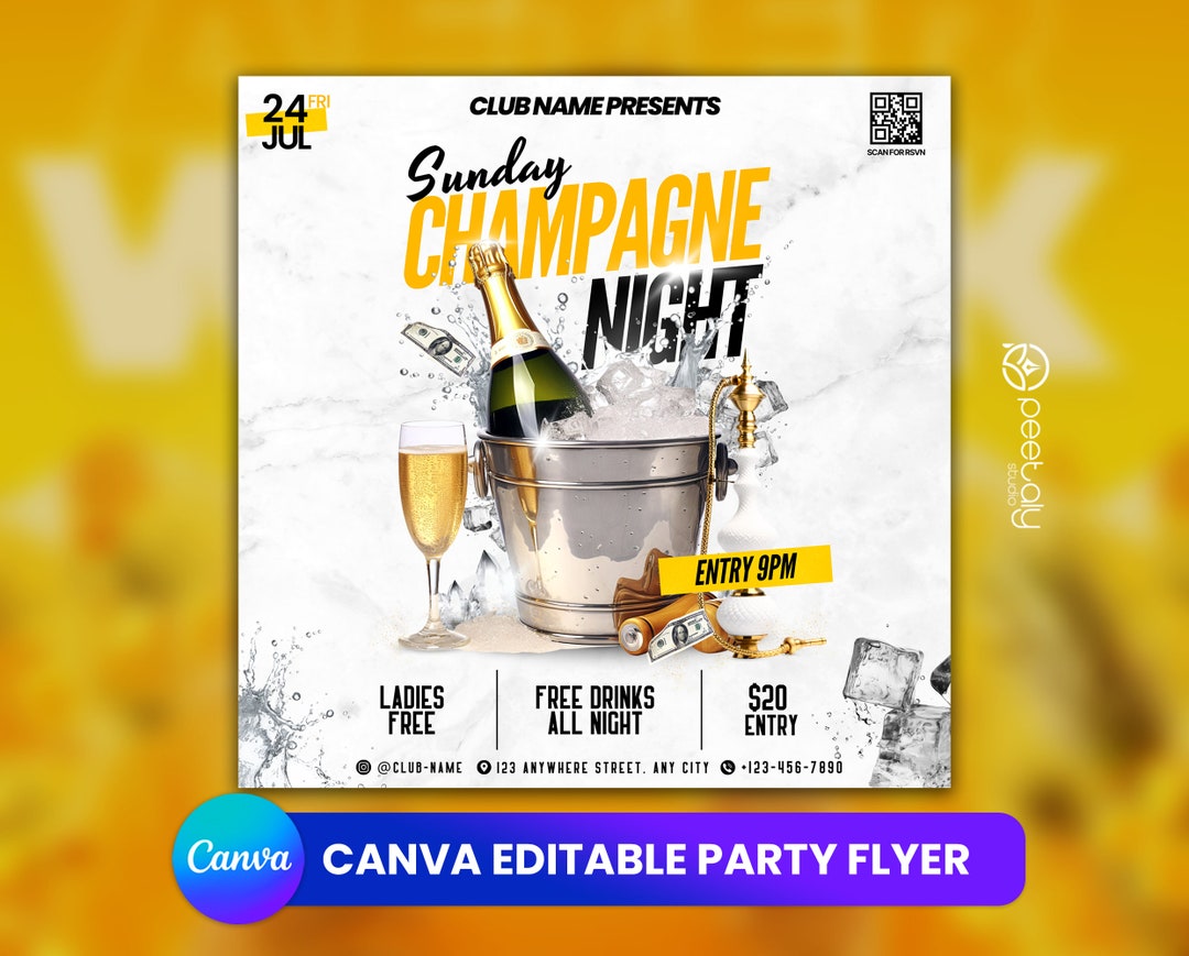 Champagne Night Party Flyer Template, Social Media, Canva (digital) - Etsy
